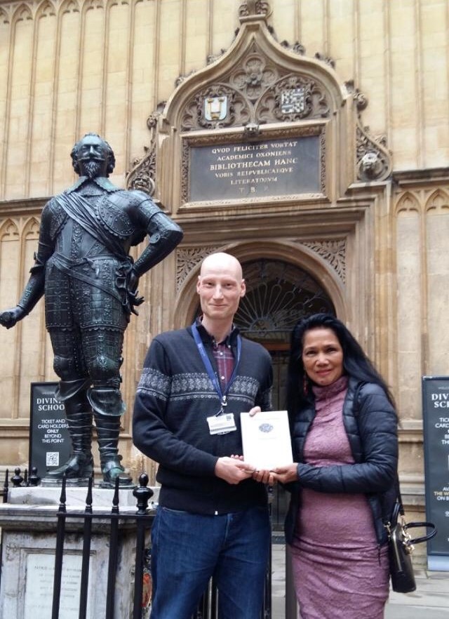 Marian presenting our new book to the Bodleian – Grey Suit Editions UK